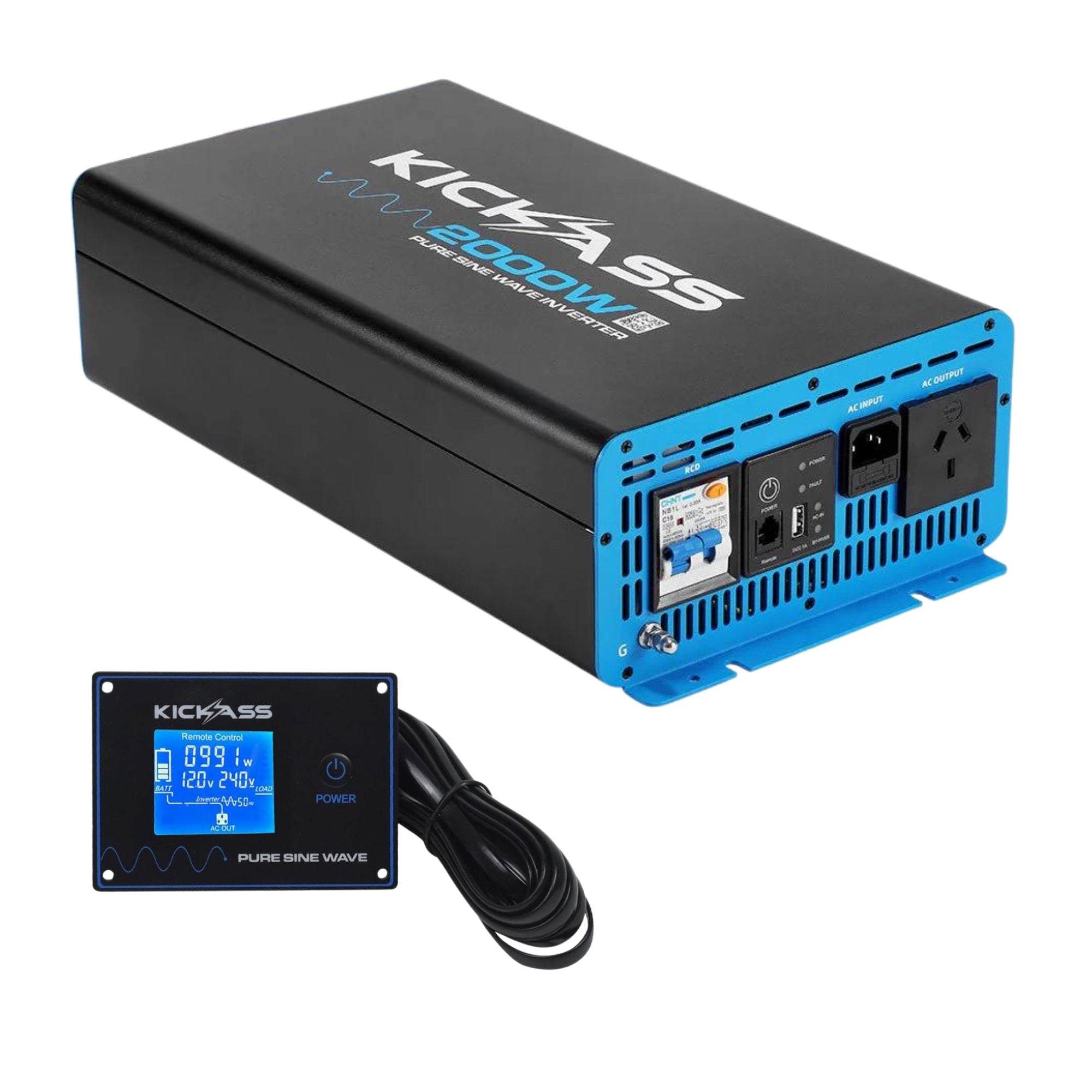 KickAss 12V to 120V Pure Sine Wave 2000W Inverter with Remote