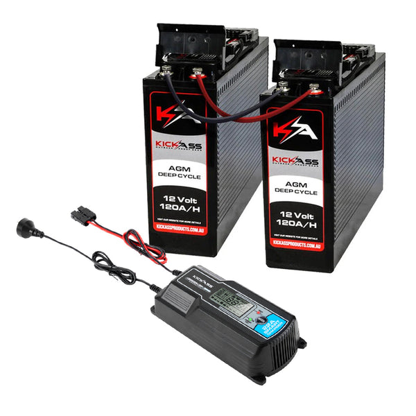 Twin 12V 120Ah Slimline AGM Battery Bundle w/ 22A Charger & Cables ...