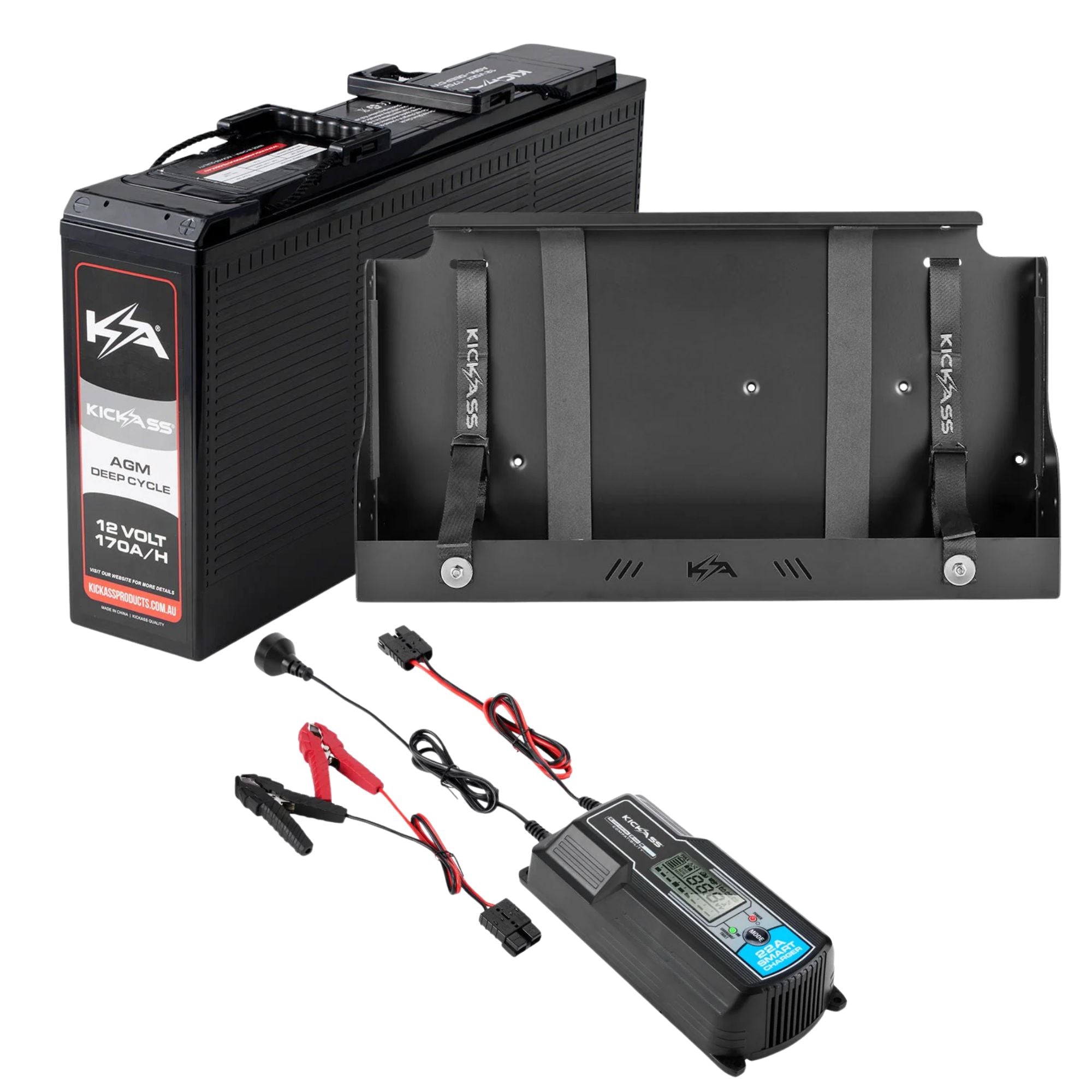 KickAss 12V 170Ah Slimline AGM Battery Bundle with 22A Charger & Tray ...